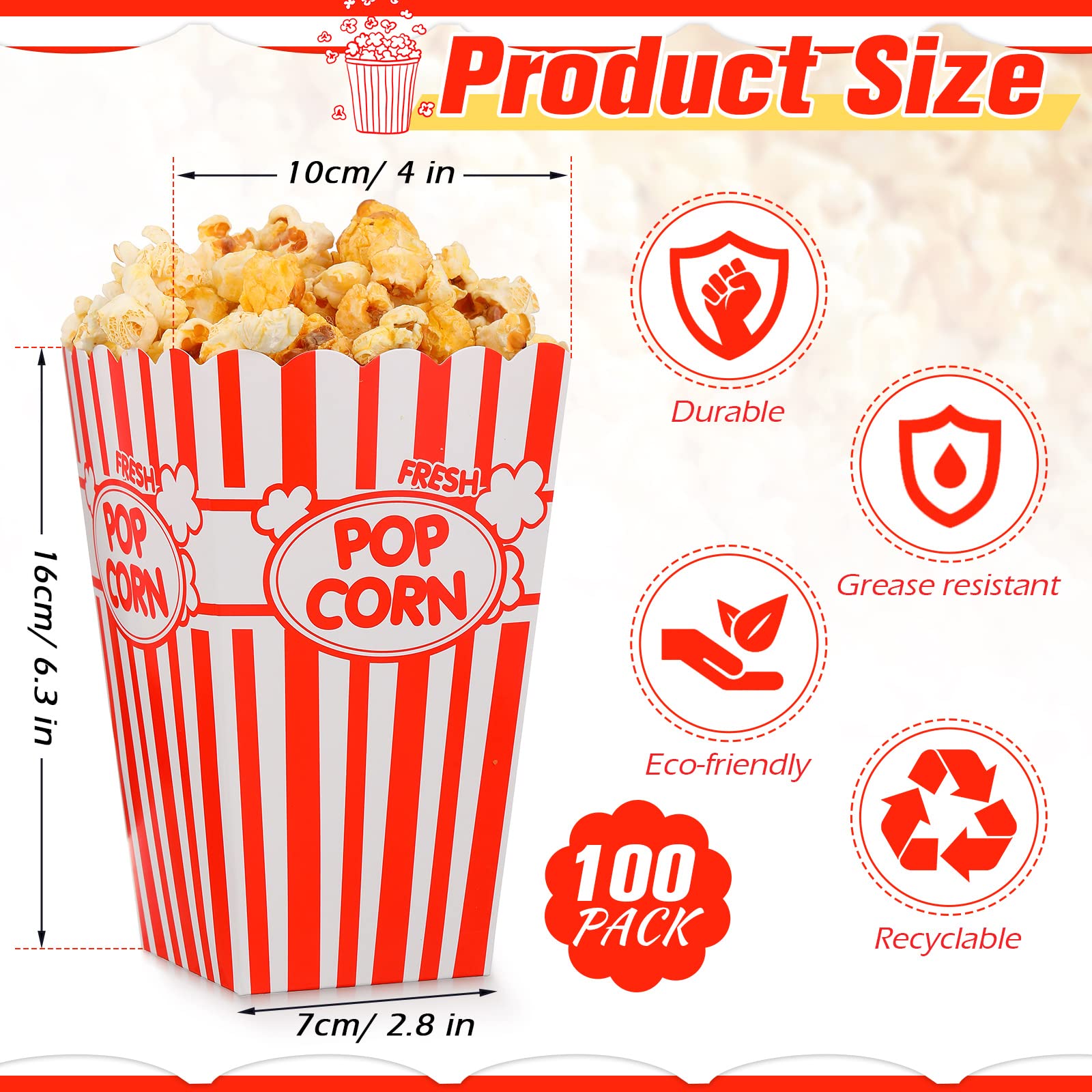 100 Pcs Popcorn Boxes Classic Red White Stripe Paper Popcorn Buckets Disposable Oil Proof Popcorn Container Retro Open Top Popcorn Holders for Movie Night Supplies Theaters Carnival Birthday Party