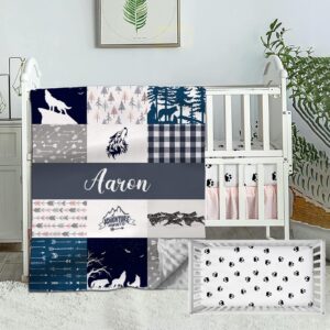 personalized crib bedding set for boys, custom baby crib sets with name, wolf theme nursery bedding, 2 piece baby crib sets, wolf pack baby plaid comforter, crib fitted sheet for baby boys girls