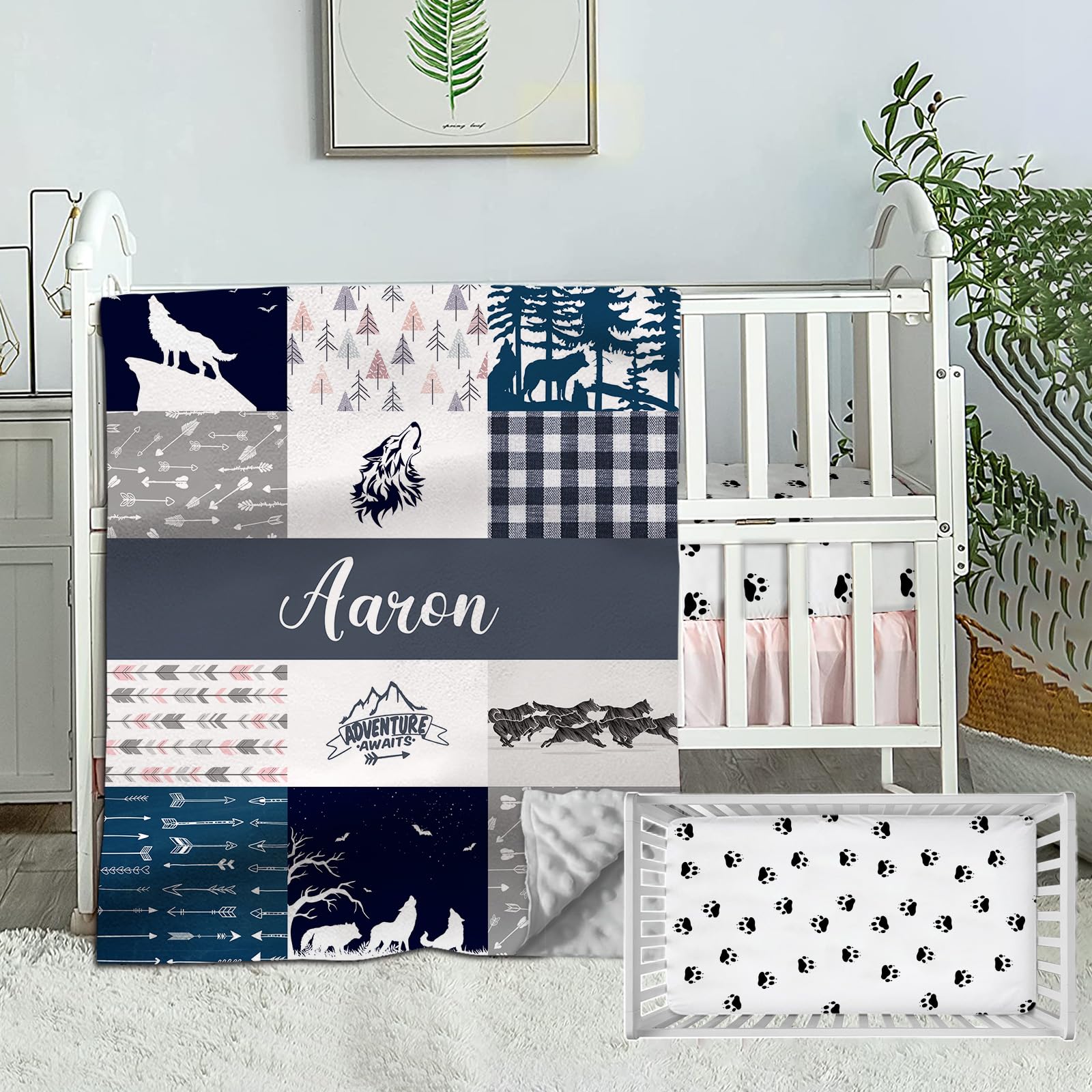 Personalized Crib Bedding Set for Boys, Custom Baby Crib Sets with Name, Wolf Theme Nursery Bedding, 2 Piece Baby Crib Sets, Wolf Pack Baby Plaid Comforter, Crib Fitted Sheet for Baby Boys Girls