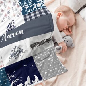 Personalized Crib Bedding Set for Boys, Custom Baby Crib Sets with Name, Wolf Theme Nursery Bedding, 2 Piece Baby Crib Sets, Wolf Pack Baby Plaid Comforter, Crib Fitted Sheet for Baby Boys Girls