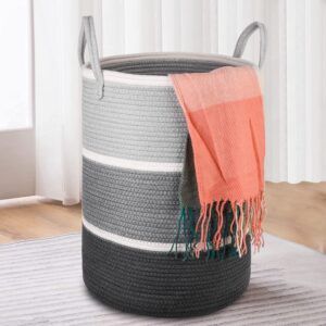 kingsuslay cotton rope laundry hamper,70l laundry basket,tall woven rope basket for blanket storage,nursey hamper for toys,pillows, christmas gifts,clothes in bedroom, living room(grey white)