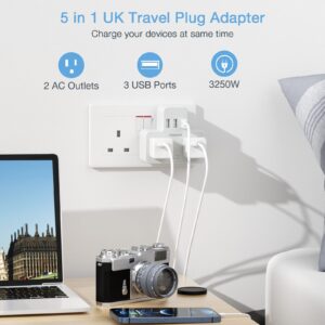 US to UK Plug Adapter, TESSAN Type G Power Converter with 2 Outlets 3 USB Charger, Ireland Travel Adaptor for USA to England Scotland Kenya Dubai London British Qatar Irish Hong Kong