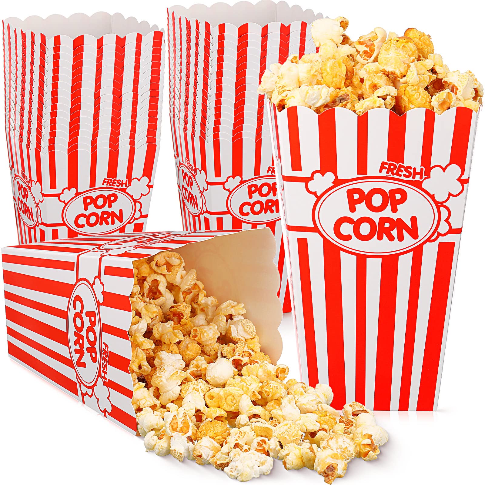 100 Pcs Popcorn Boxes Classic Red White Stripe Paper Popcorn Buckets Disposable Oil Proof Popcorn Container Retro Open Top Popcorn Holders for Movie Night Supplies Theaters Carnival Birthday Party