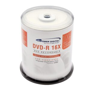 vinpower digital dvd-r 4.7gb 16x white inkjet printable hub recordable media - 100 disc cake box spindle