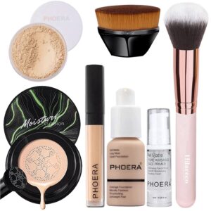 phoera foundation full coverage makeup, mushroom head air cushion cc cream natural foundation set,phoera concealer, phoera primer, phoera powder, foundation brushes (102 nued +02 natural cc)