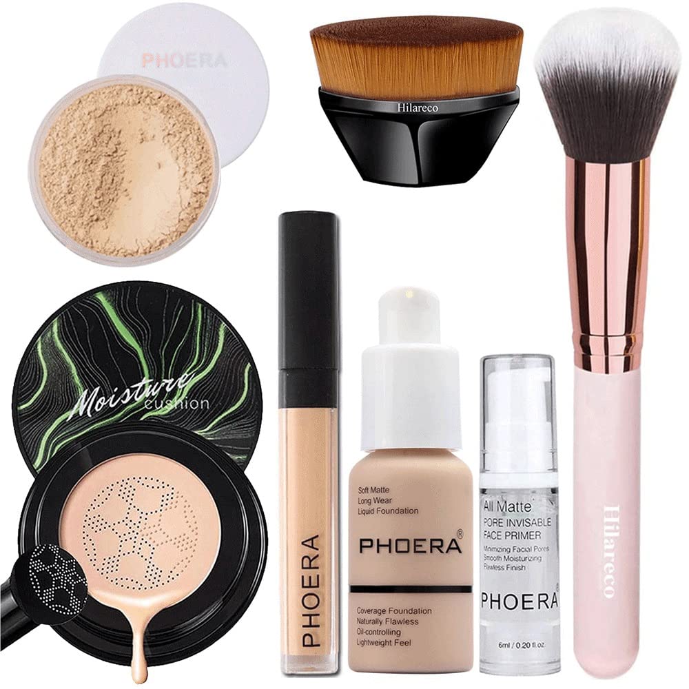 PHOERA Foundation Full Coverage Makeup, Mushroom Head Air Cushion CC Cream Natural Foundation Set,PHOERA Concealer, PHOERA Primer, PHOERA Powder, Foundation Brushes (102 Nued +02 Natural CC)