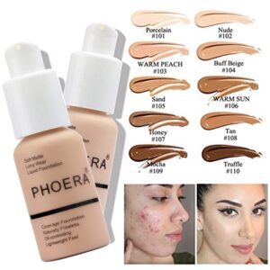 PHOERA Foundation Full Coverage Makeup, Mushroom Head Air Cushion CC Cream Natural Foundation Set,PHOERA Concealer, PHOERA Primer, PHOERA Powder, Foundation Brushes (102 Nued +02 Natural CC)