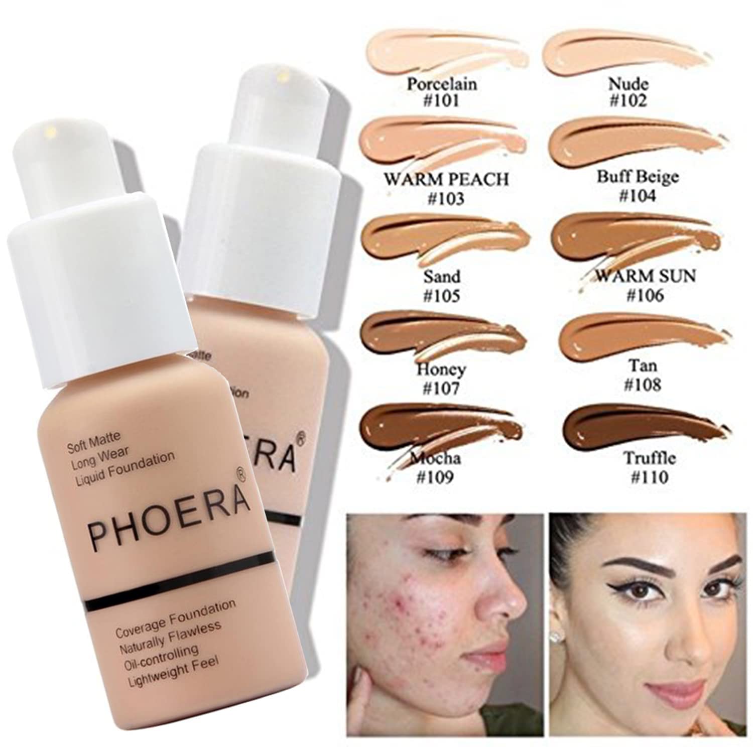 PHOERA Foundation Full Coverage Makeup, Mushroom Head Air Cushion CC Cream Natural Foundation Set,PHOERA Concealer, PHOERA Primer, PHOERA Powder, Foundation Brushes (102 Nued +02 Natural CC)