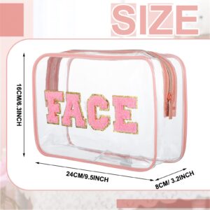 Sotiff 3 Pcs Preppy Clear Makeup Bags Chenille Letter Patch Pouch with Zipper Waterproof Cosmetic Toiletry Bag Transparent Toiletry Bags for Women Gift Bathroom Travel, Vacation(Stylish Style)