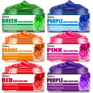 6 pack hair color wax, temporary natural hair coloring mud for men, women, kids - daily, party, cosplay, halloween diy (green, orange, pink, purple, red, blue)