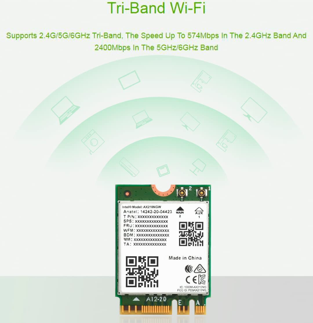 WiFi 6E AX210 NGW Wireless AX210 WiFi Card, AX210 NIC Wireless Module, Gigabit 2.4G/5G/6GHz Tri Band Wi-Fi 6E, 802.11AX Standard, Bluetooth 5.2,MU-MIMO, Support Linux, Windows 10/8.1/8/7, etc.