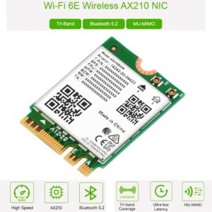 WiFi 6E AX210 NGW Wireless AX210 WiFi Card, AX210 NIC Wireless Module, Gigabit 2.4G/5G/6GHz Tri Band Wi-Fi 6E, 802.11AX Standard, Bluetooth 5.2,MU-MIMO, Support Linux, Windows 10/8.1/8/7, etc.