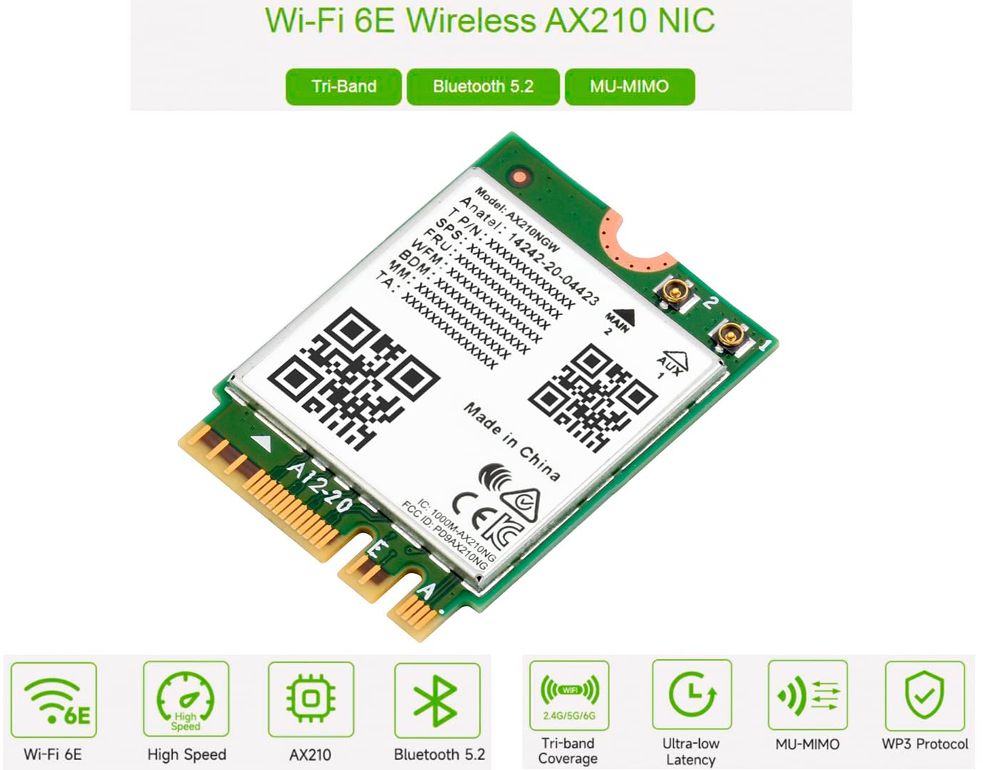 WiFi 6E AX210 NGW Wireless AX210 WiFi Card, AX210 NIC Wireless Module, Gigabit 2.4G/5G/6GHz Tri Band Wi-Fi 6E, 802.11AX Standard, Bluetooth 5.2,MU-MIMO, Support Linux, Windows 10/8.1/8/7, etc.