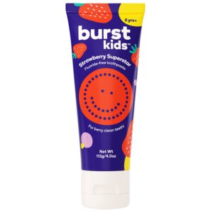 burstkids strawberry kids toothpaste fluoride-free - great tasting, dye free baby, toddler & kid toothpaste age 0+ with nano-hydroxyapatite - 4oz