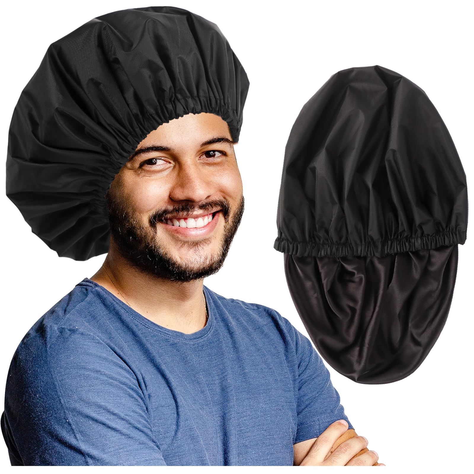 Adjustable Large Shower Cap for Men,Shower Cap for Women,Reusable Shower Cap for Long Hair,Hair Cap for Shower,Black