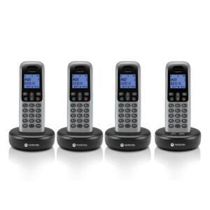 motorola voice cordless phone system w/ 4 digital handsets + answering machine, remote access, call block - dark grey (t614)