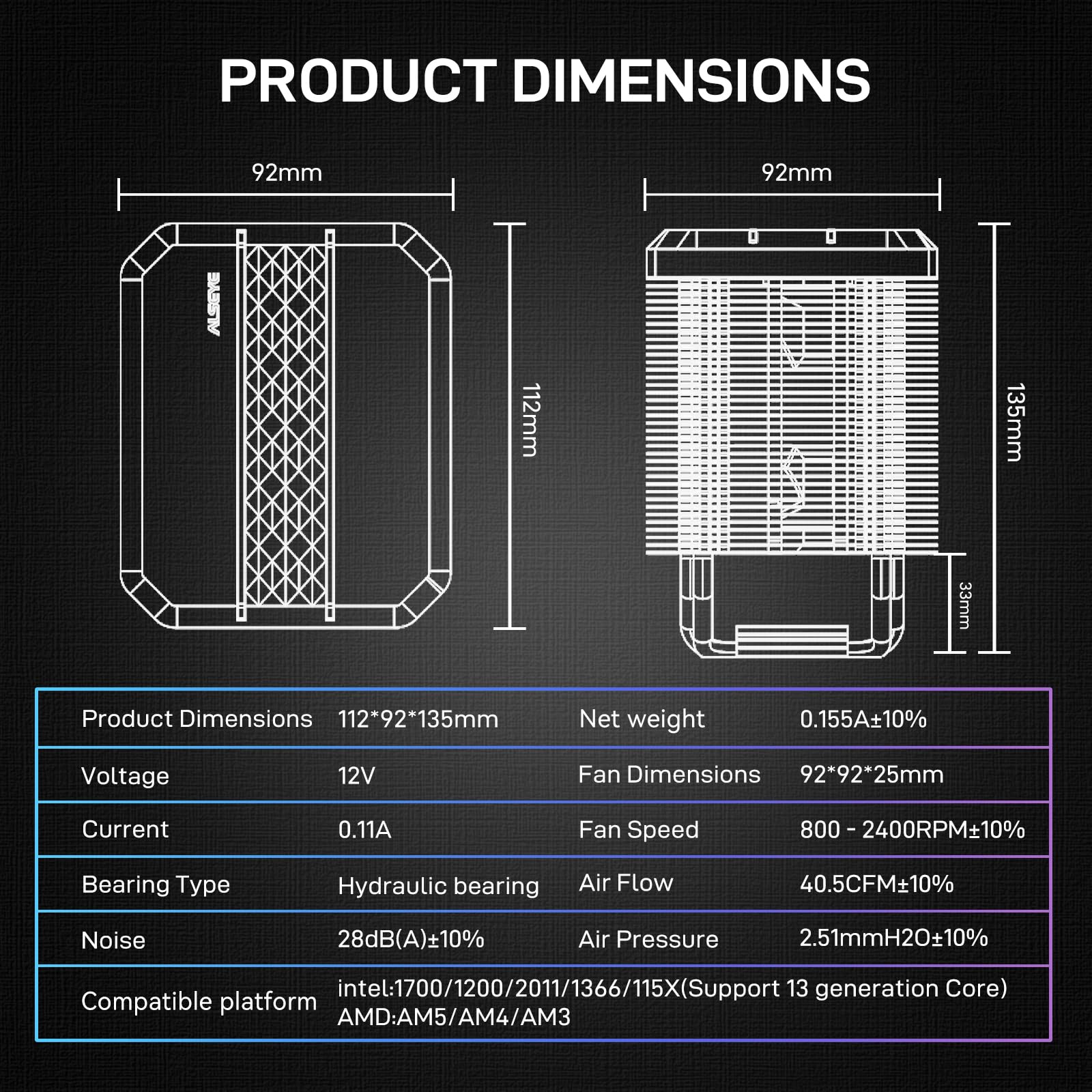 ALSEYE M90 CPU Cooler, Hidden Fan Designed Dual Tower Air-Cooled CPU Cooler with ARGB Light Effect Cover Compatible with Both Intel and AMD Platform, LGA1700 Supported (M90 White)