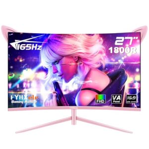 fyhxele 27 inch gaming monitor, 1800r curved gaming monitor, fhd-1920x1080p, 165hz, 1ms, freesync/g-sync, ultrawide pc monitor, hdmi/displayport/usb vesa/wall mount computer monitor-pink