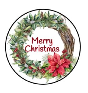 48 pcs rustic poinsettia wreath​ stickers envelope seals labels round tags, stamps sticker for gift cards, envelopes, boxes for holiday, birthday, christmas