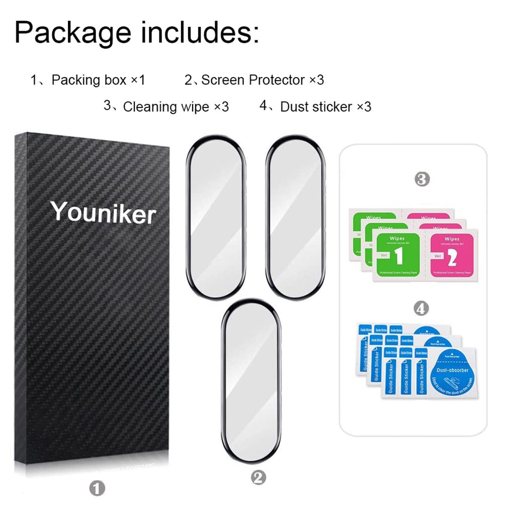 Youniker 3 Pack Compatible with Xiaomi Mi Band 7 Screen Protector Film for Xiaomi Smart Band 7 Screen Protectors Foils 3D Full Coverage Screen Cover Crystal Clear Anti-Scratch