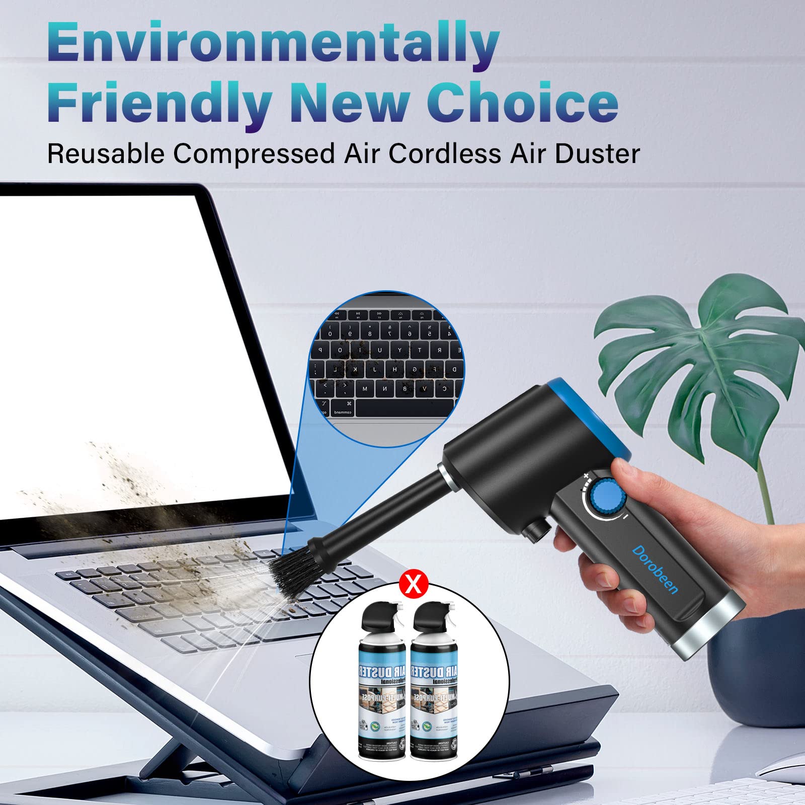 DOROBEEN Compressed Air Duster, Electric Air Duster, Cordless Air Duster, Canned Air Duster for Computer, Keyboard Cleaner, BLDC Motor - Stepless Speed - 6000mAh (Blue)