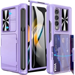 vihibii for galaxy z fold 4 case with card holder & sliding camera cover, s pen holder & screen protector & magnetic hinge protection & kickstand, hard pc phone case for samsung z fold 4 (purple)