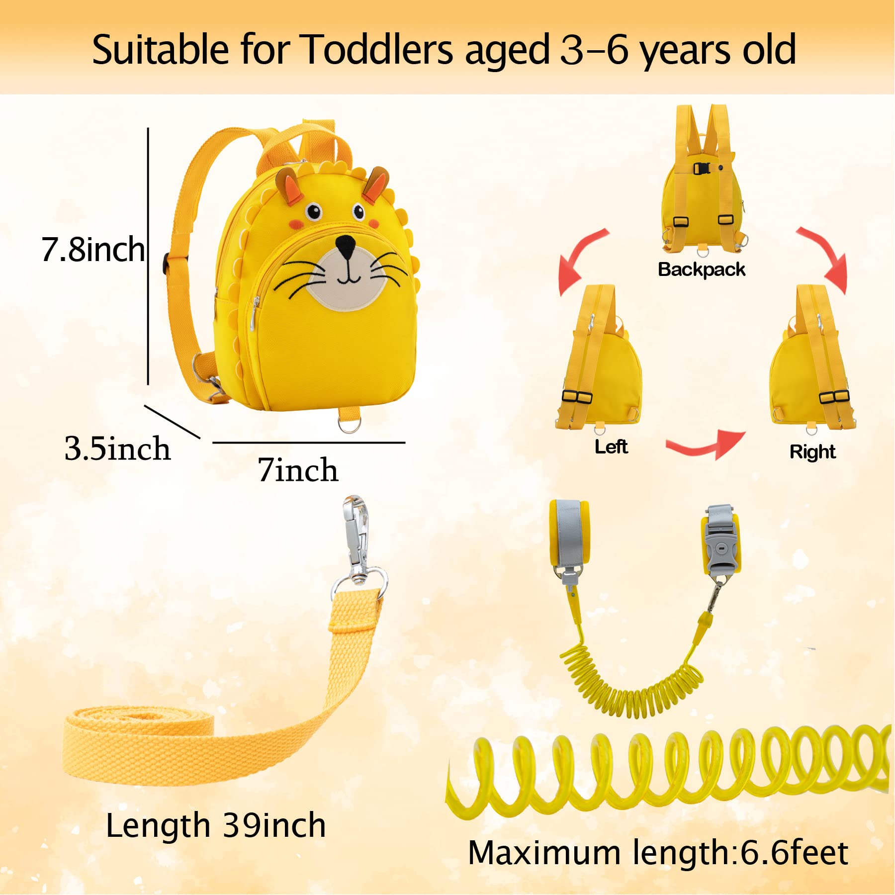 Toddlers Cute Animal Chest Backpacks with Leash Anti-Lost Wristlets Child Kids Link Safety Harness, for Baby Girl Boy 3-6 Years,Lion