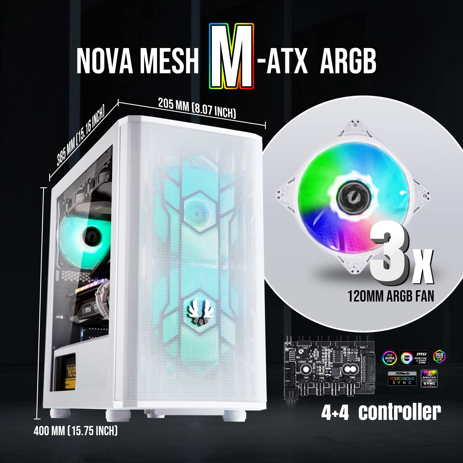 BitFenix Nova Mesh mATX (Micro ATX, Mini ITX) High Airflow PC Gaming Case ARGB Edition White, 3 x ARGB Fans Pre-Installed, 240mm AIO Support at Top, GPU Length Support Up to 345mm (Micro ATX, White)