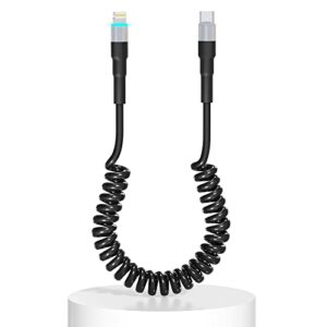 coiled usb-c to lightning cable, apple carplay compatible & mfi certified, car usb c lightning cable with data transmission and led, iphone retractable usbc charger for iphone/pad/pod