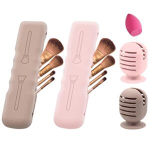 4pack makeup brush sponge holder,silicone makeup brush covers bag travel beauty blender holders suctioned drying stand,magnetic makeup brushes case organizer for traveling cute portable-pink,khaki