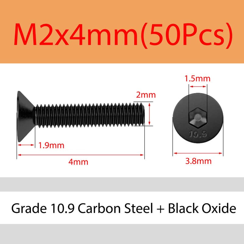 ORANXIN M2 x 4mm 50 Pcs Countersunk Bolts Grade 10.9 Carbon Steel Hex Socket Cap Screw Flat Head Allen Bolts Machine Screws Fasteners