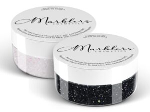 marblers cosmetic grade fine glitter duo [black knight & rainbow white] 0.36oz (10g) | non-toxic | vegan | cruelty-free | eyeshadow, nail polish, nail art | festival, rave & party makeup | body & face