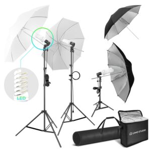 limostudio, 900w led output lighting series, lms104, soft continuous led lighting kit for white and black umbrella reflector with led spiral bulbs, accessory and carry bag