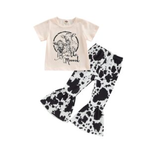 murnouche western toddler baby girl clothes cow print t shirt bell bottoms fall summer outfits set beige 2-3 years