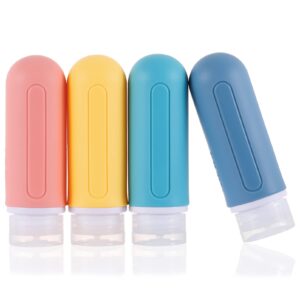 4 pack silicone travel bottles,3oz leak proof liquid squeezable refillable portable travel accessories/cosmetic containers,bpa free,travel size bottles for toiletries shampoo conditioner lotion