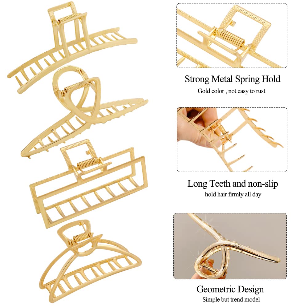 4pcs Metal Gold Hair Clips for Women, Geometry Square Cross Big Small Hair Clamps Jaw Crab Barrette for Thick Thinner Long Hair, Fashion Women's Hair Accessories Styling Tools Gifts