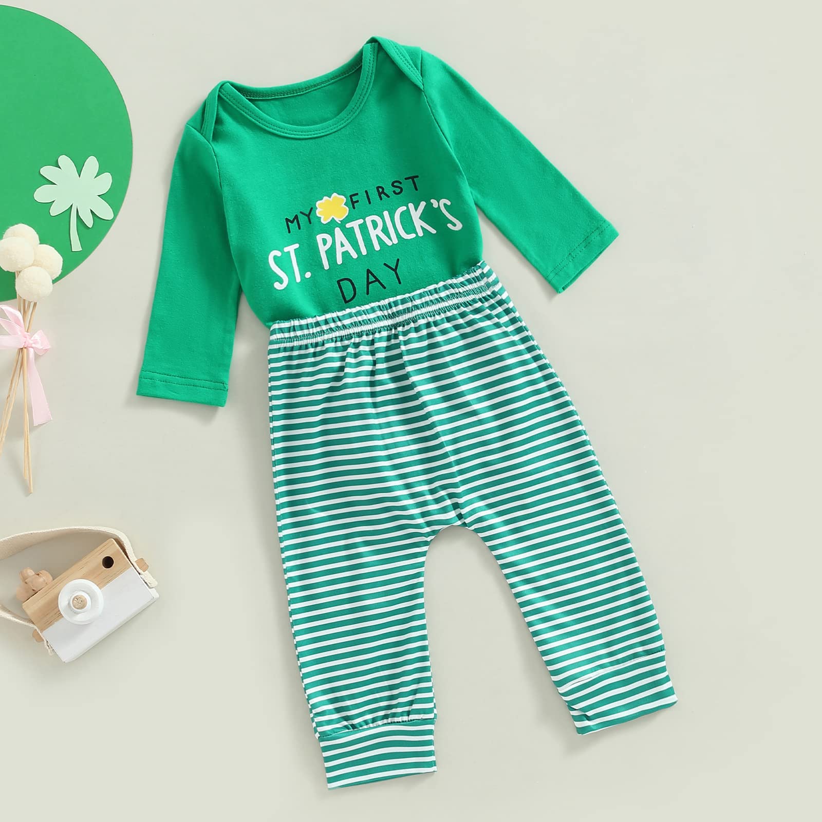 FIOMVA St. Patricks Day Outfit Set, Green 2Pcs Romper Bodysuit+Striped Pants, Infant Boys/Girls Clothing, 6-12 Months