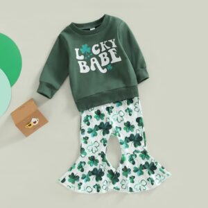 FIOMVA Toddler Baby Girl St Patrick's Day Outfit Luck of the Irish Long Sleeve Lucy Babe Sweatshirt Top Clover Bell Bottoms Pants Set 2pcs