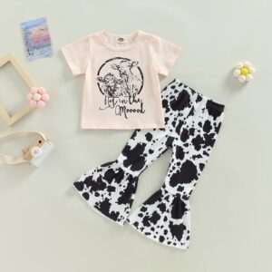 Murnouche Western Toddler Baby Girl Clothes Cow Print T Shirt Bell Bottoms Fall Summer Outfits Set Beige 2-3 Years