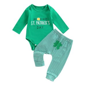 fiomva st. patricks day outfit set, green 2pcs romper bodysuit+striped pants, infant boys/girls clothing, 6-12 months