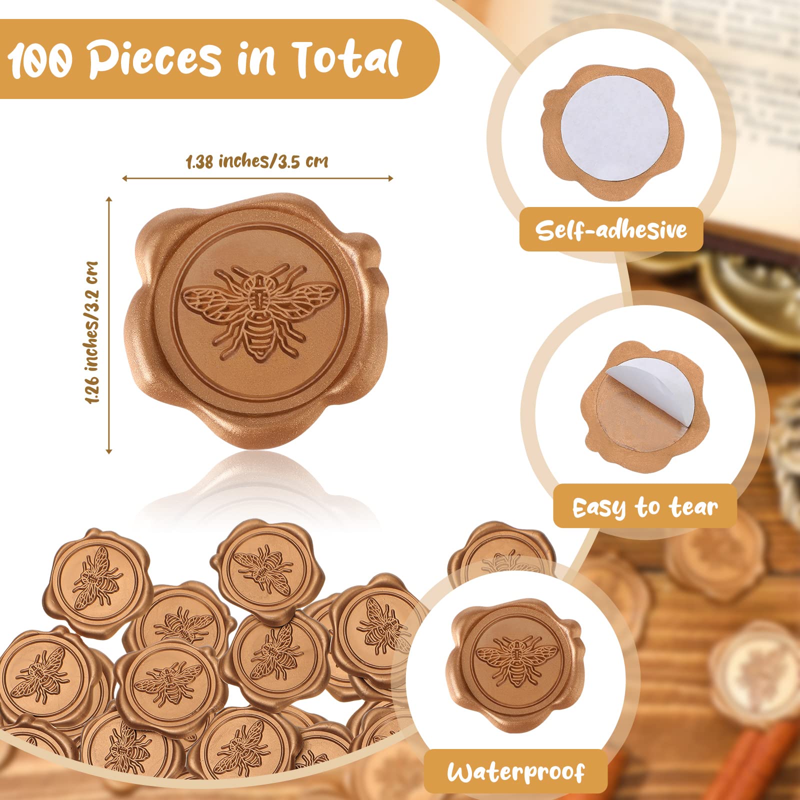 Roowest 100 Pcs Bee Adhesive Wax Seal Stickers Envelope Seal Stickers Vivid Bee Gold Stickers Vintage Wedding Invitation Stickers for Baby Shower Certificate Gift Birthday Christmas Party Supply