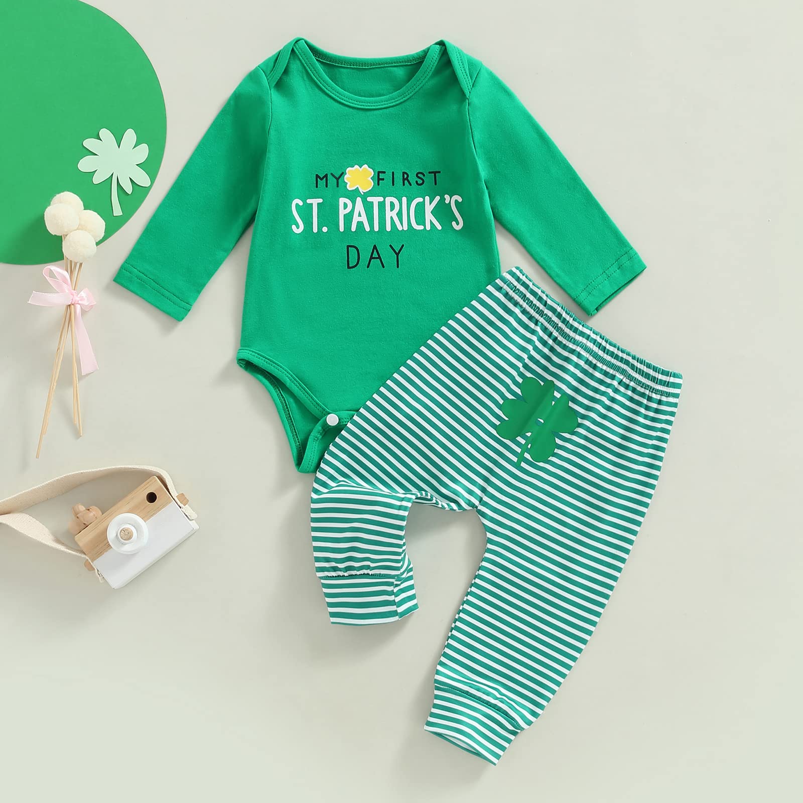 FIOMVA St. Patricks Day Outfit Set, Green 2Pcs Romper Bodysuit+Striped Pants, Infant Boys/Girls Clothing, 6-12 Months