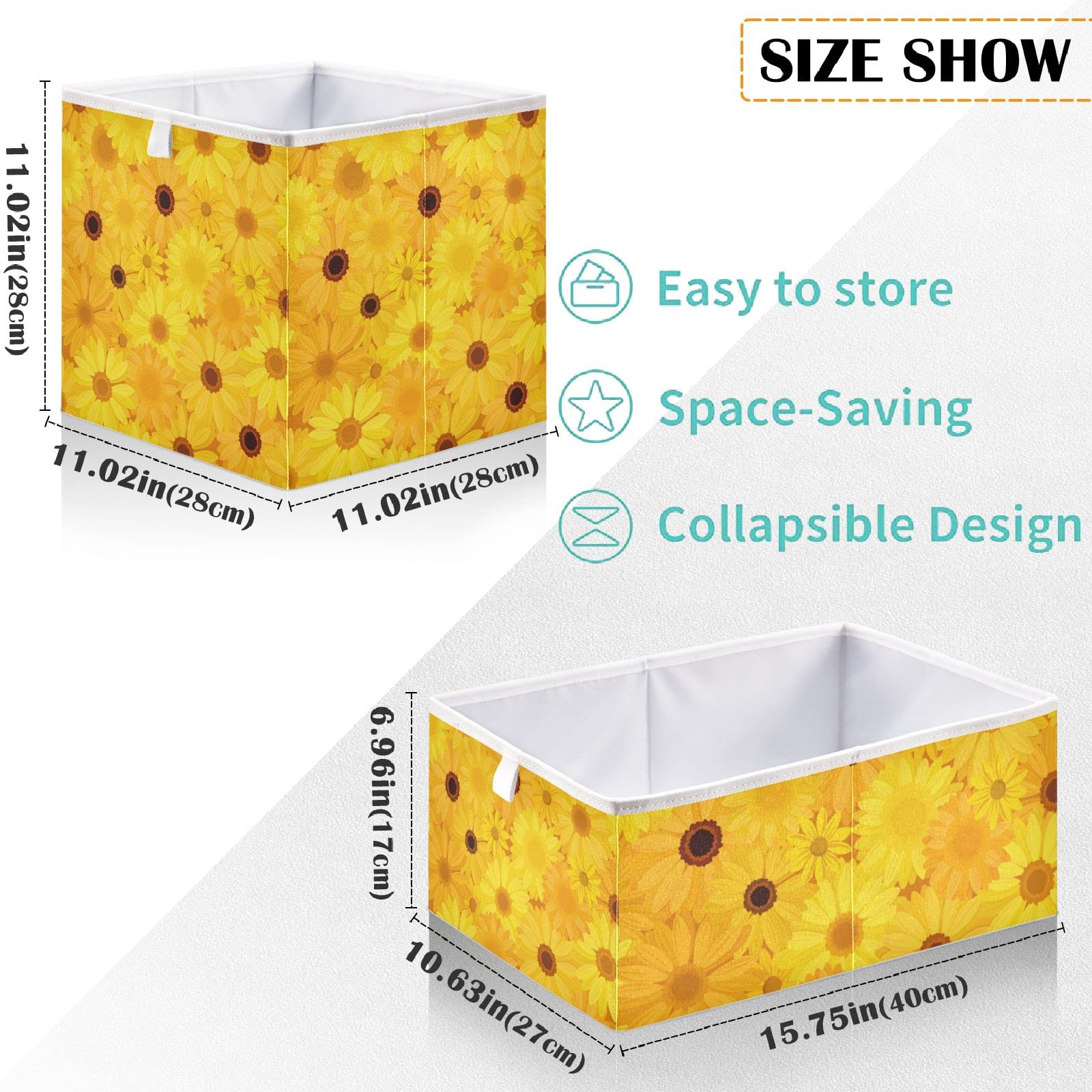 visesunny Closet Baskets Yellow Sunflower All Print Storage Bins Fabric Baskets for Organizing Shelves Foldable Storage Cube Bins for Clothes, Toys, Baby Toiletry, Office Supply