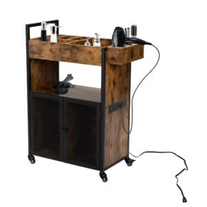 reshable rolling salon station with wheels, barbershop station with extra storage space, hairstylist cart with charging station and usb ports, rustic brown