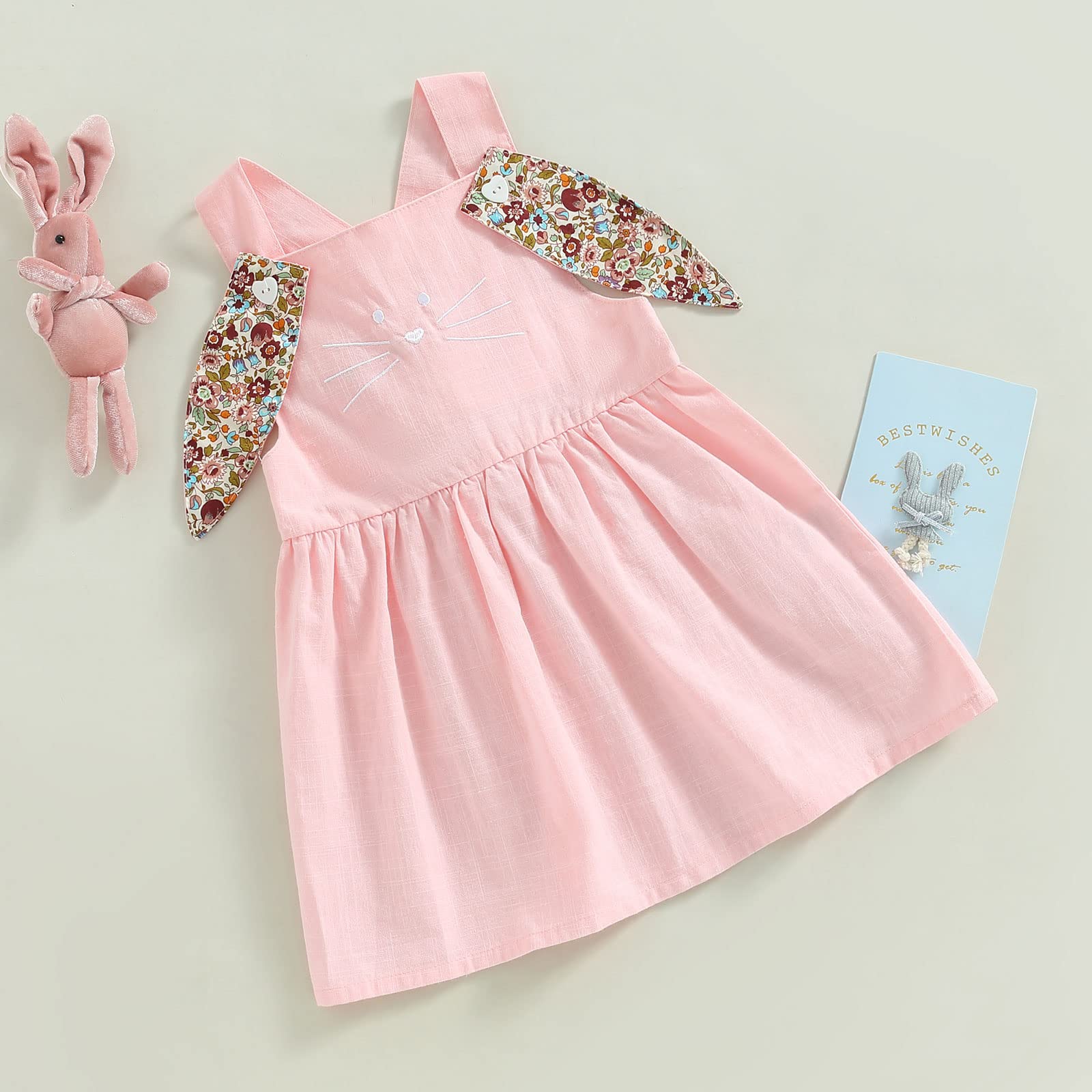 woshilaocai Toddler Baby Easter Outfits Girls Sleeveless Romper/Dress Retro Bunny Spring Matching Clothes (2-3T,Cotton Linen Dress-Pink)