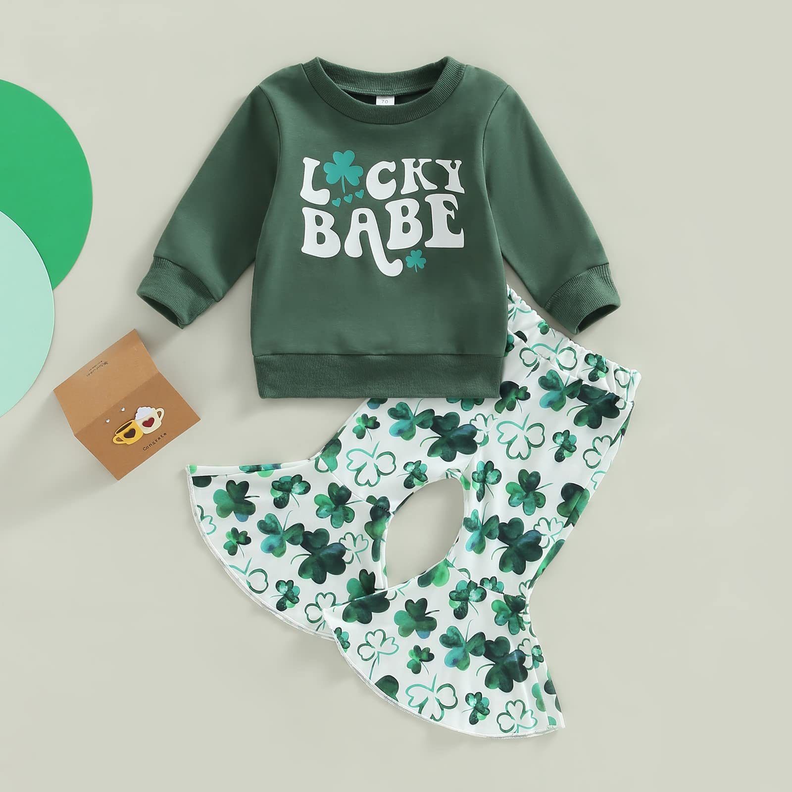 FIOMVA Toddler Baby Girl St Patrick's Day Outfit Luck of the Irish Long Sleeve Lucy Babe Sweatshirt Top Clover Bell Bottoms Pants Set 2pcs