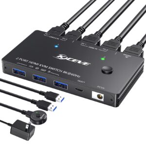 kvm switch hdmi 2 port box, 8k@60hz usb3.0 hdmi2.1 switch for 2 computers share keyboard mouse printer and one hd monitor,support uhd 4k@120hz,with 2 usb cable,power adapter and controller