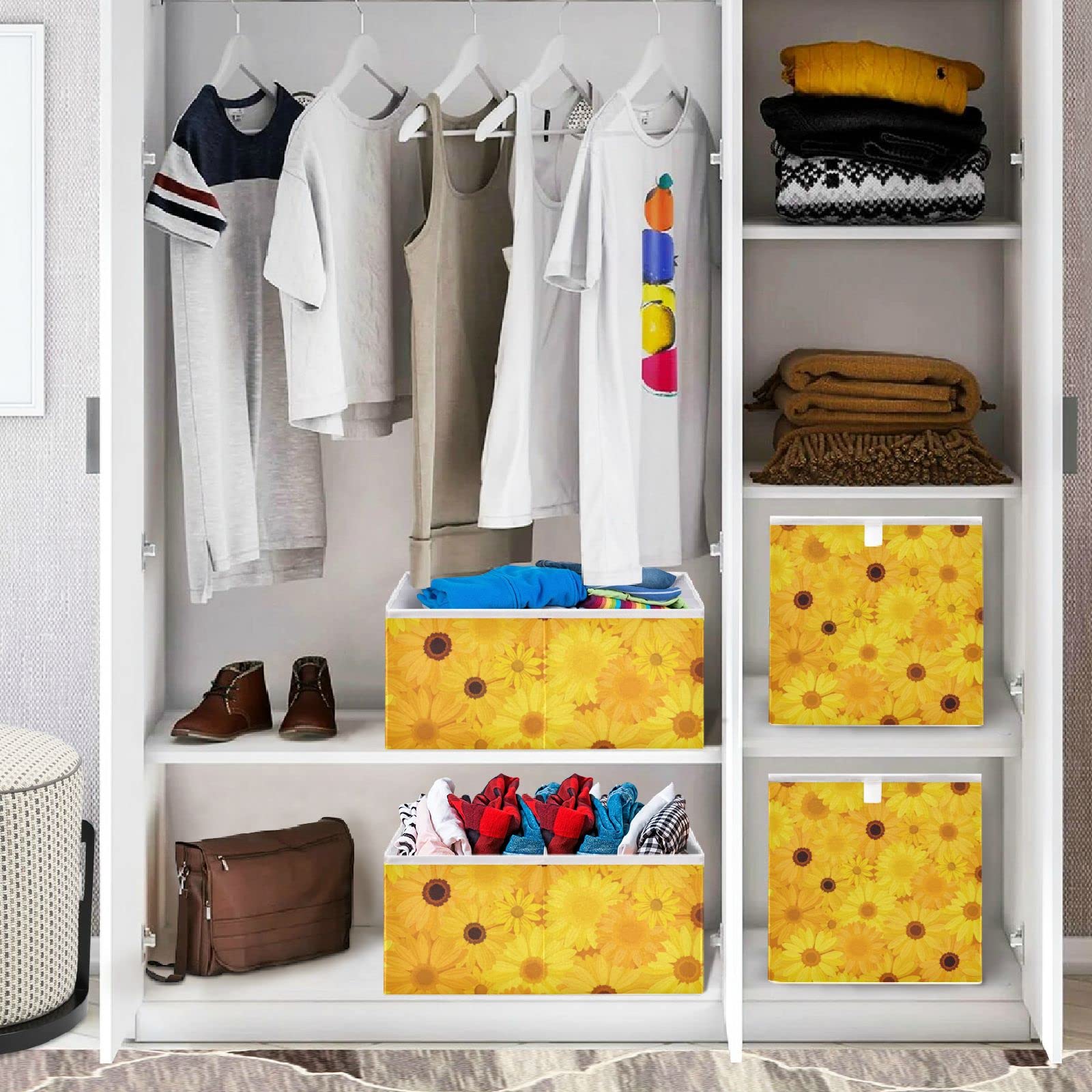 visesunny Closet Baskets Yellow Sunflower All Print Storage Bins Fabric Baskets for Organizing Shelves Foldable Storage Cube Bins for Clothes, Toys, Baby Toiletry, Office Supply