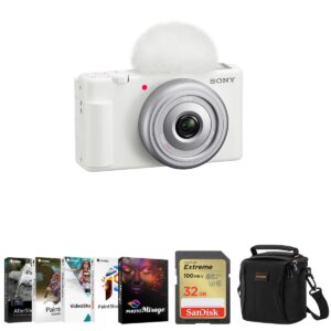 sony zv-1f vlogging camera, white bundle with corel pc software kit, 32gb sd card, shoulder bag