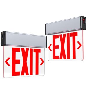 led edge lit exit sign aluminum housing ac 120-347v emergency exit light with battery backup single sided acrylic clear panel commercial exit signs, top/side/wall mount, ul certified (2 pack, red)